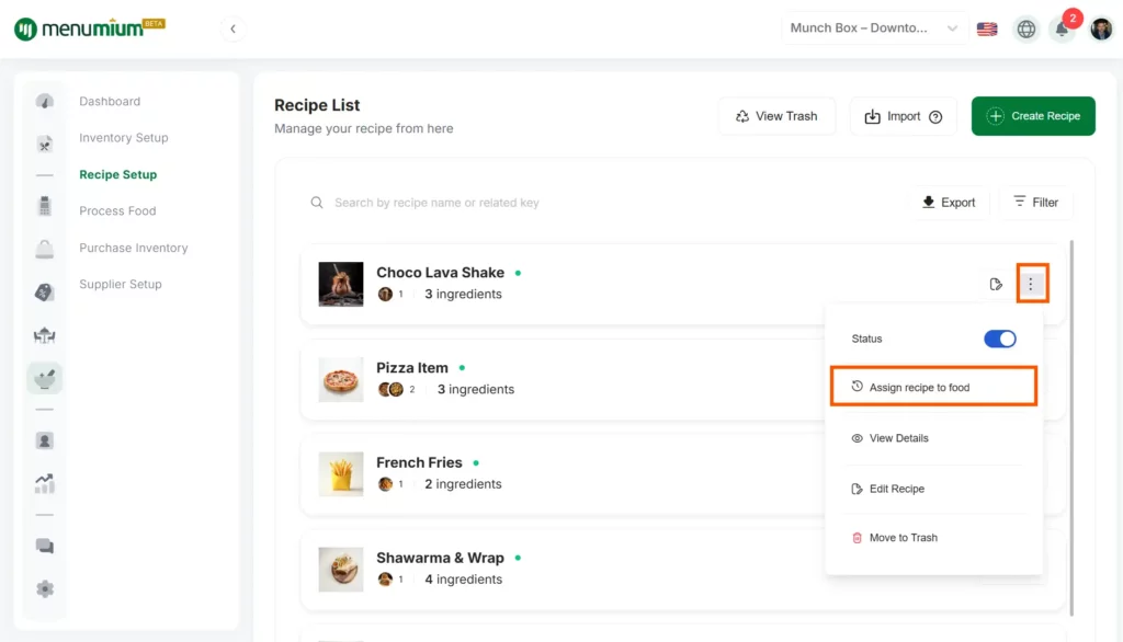 How to Assign a Recipe to a Food Item - Menumium